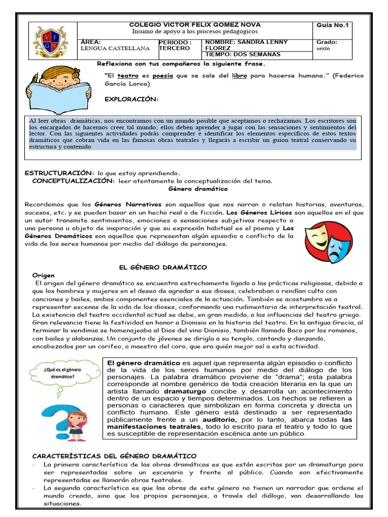 Guia 1 Genero Dramatico Grado Sexto Pdf Teatro Tragedia
