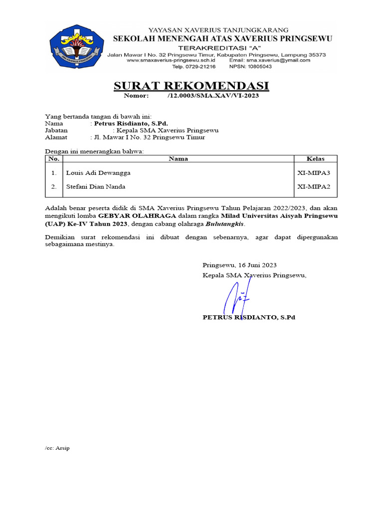 Surat Rekomendasi Lomba ML Uap | PDF