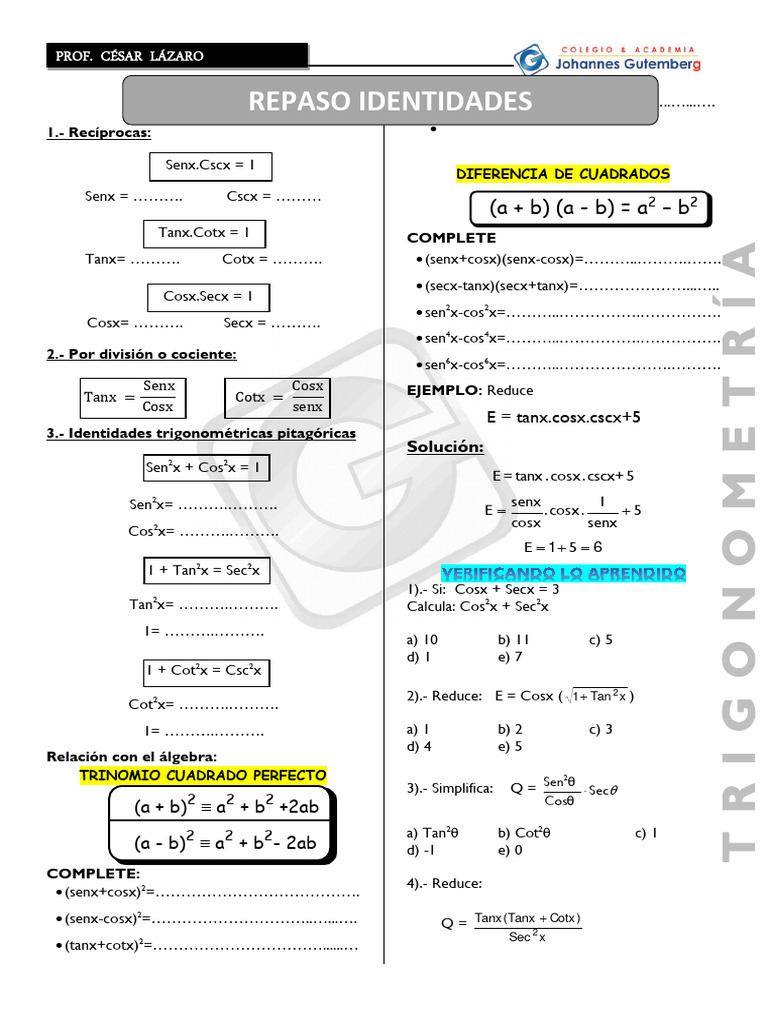 Ejercicios de Identidades Trigonométricas para Cuarto de Secundaria ... Ejercicios de Identidades Trigonométricas para Cuarto de Secundaria ...