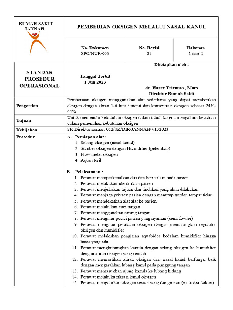 Spo Nur 005 Pemberian Oksigen Melalui Nasal Kanul | PDF