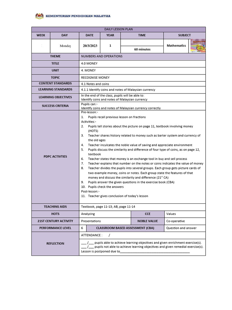 RPH MATE DLP Y1 Topic 4 | PDF | Lesson Plan | Teachers