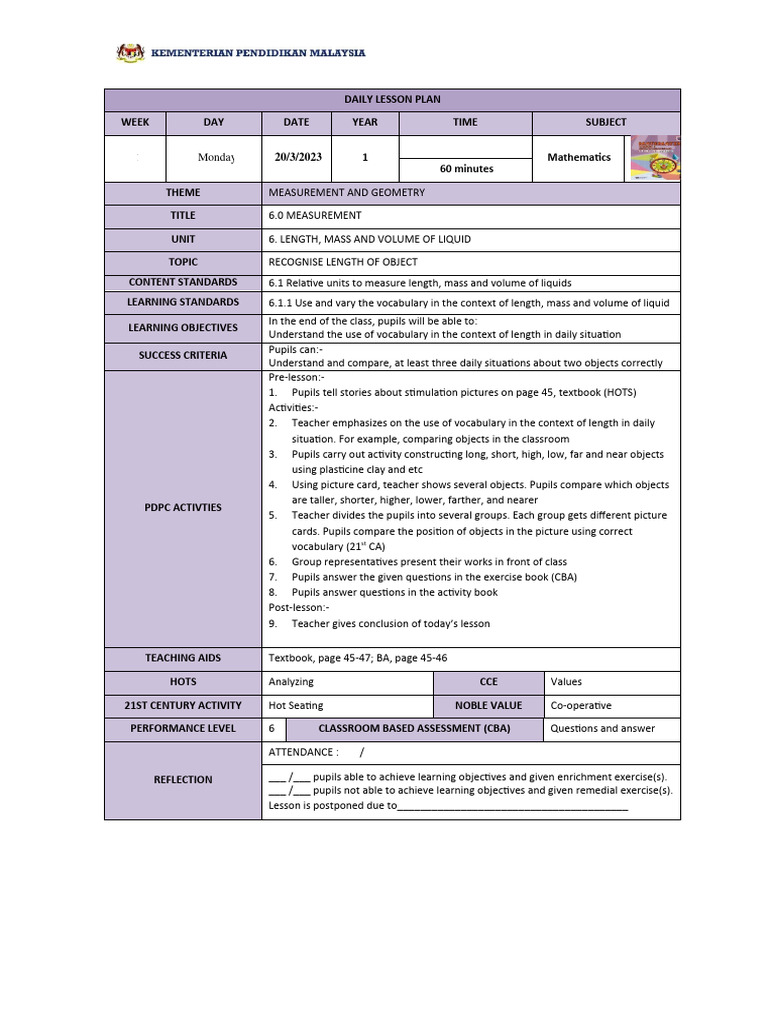 RPH Mate DLP Y1 Topic 6 | PDF | Lesson Plan | Teachers