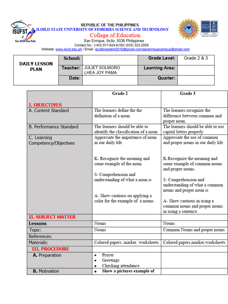 Multi Grade Lesson Plan Pdf Noun Learning