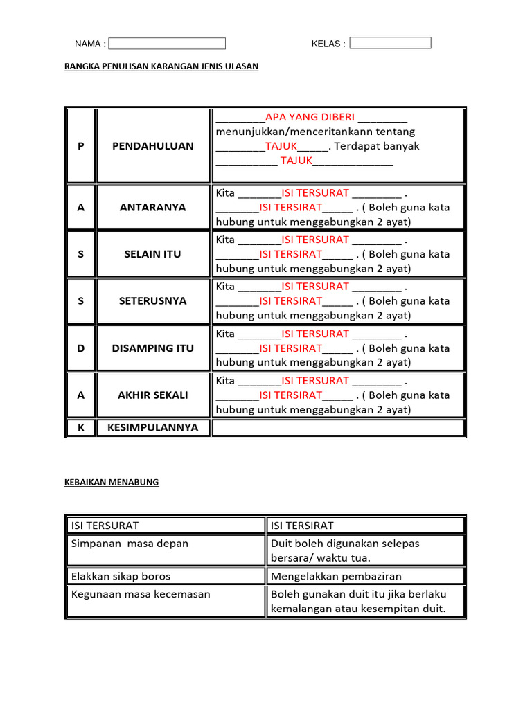 Rangka Penulisan Karangan Jenis Ulasan 28.9.2021 (Fill In) | PDF