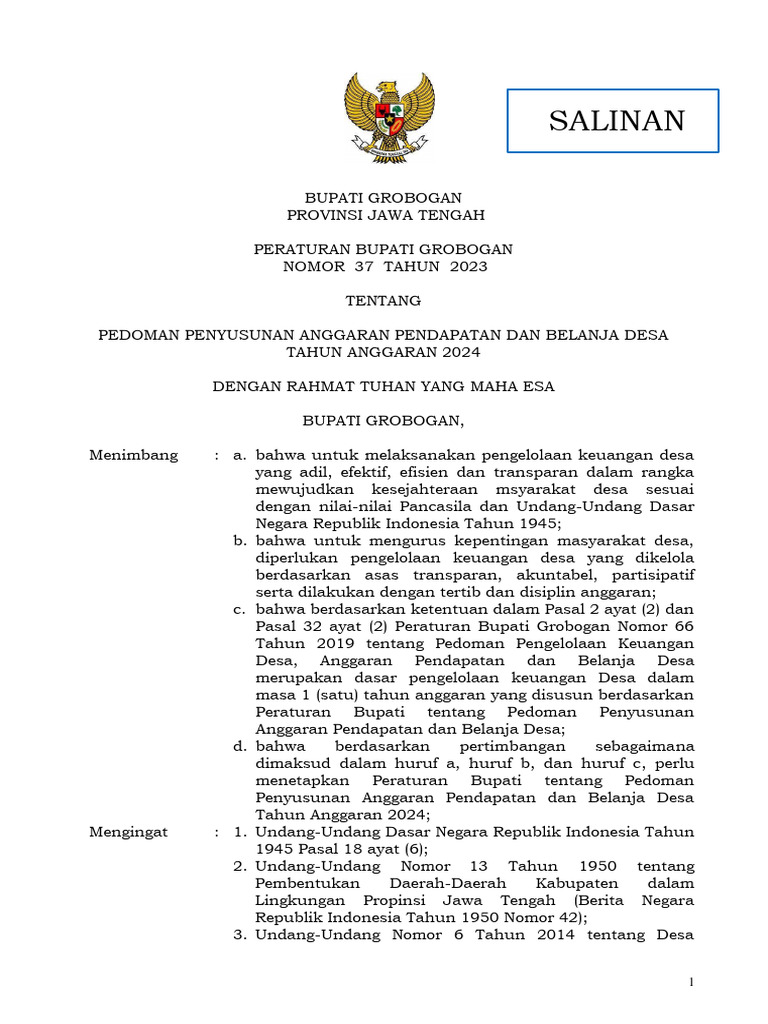 Perbup Nomor 37 Tahun 2023 Tentang Pedoman APBDesa 2024 | PDF