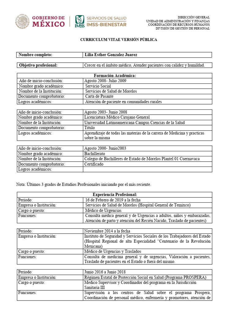 Formato CV Version Publica Lili | PDF | Medicina | Hospital
