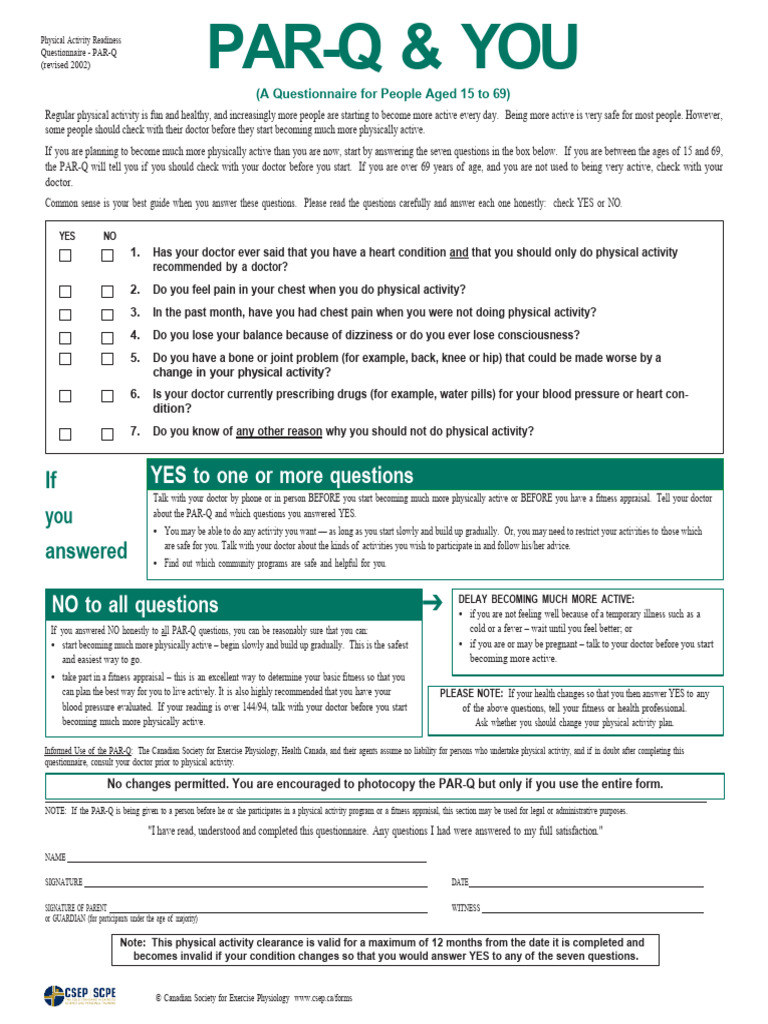 Personal Trainer PAR Q | PDF | Physical Fitness | Clinical Medicine