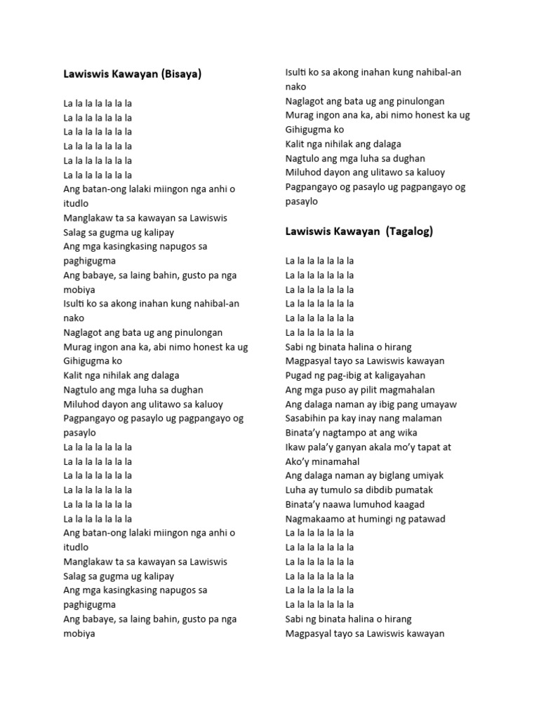 Lawiswis Kawayan, Ili Ili Tulog Anay, Si Pilimon, Ay Kaluoy Lyrics ...