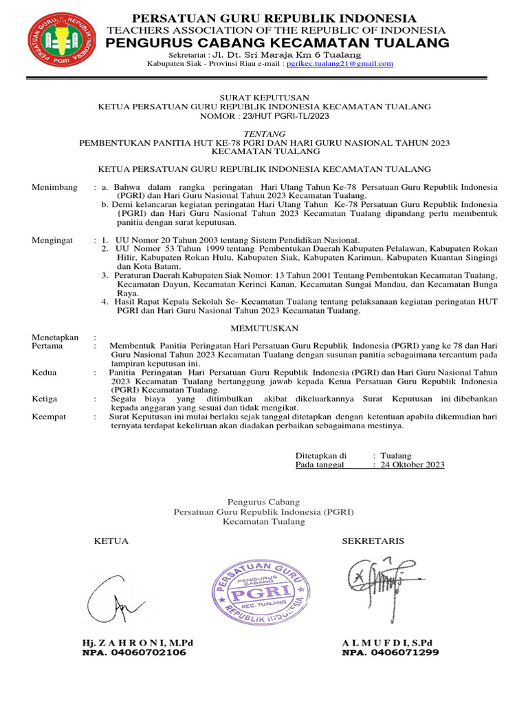 SK Panitia HUT PGRI Dan Guru TH 2023 | PDF