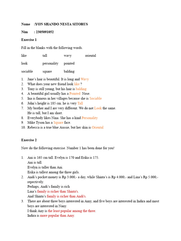 Descriptive Language Exercises | PDF
