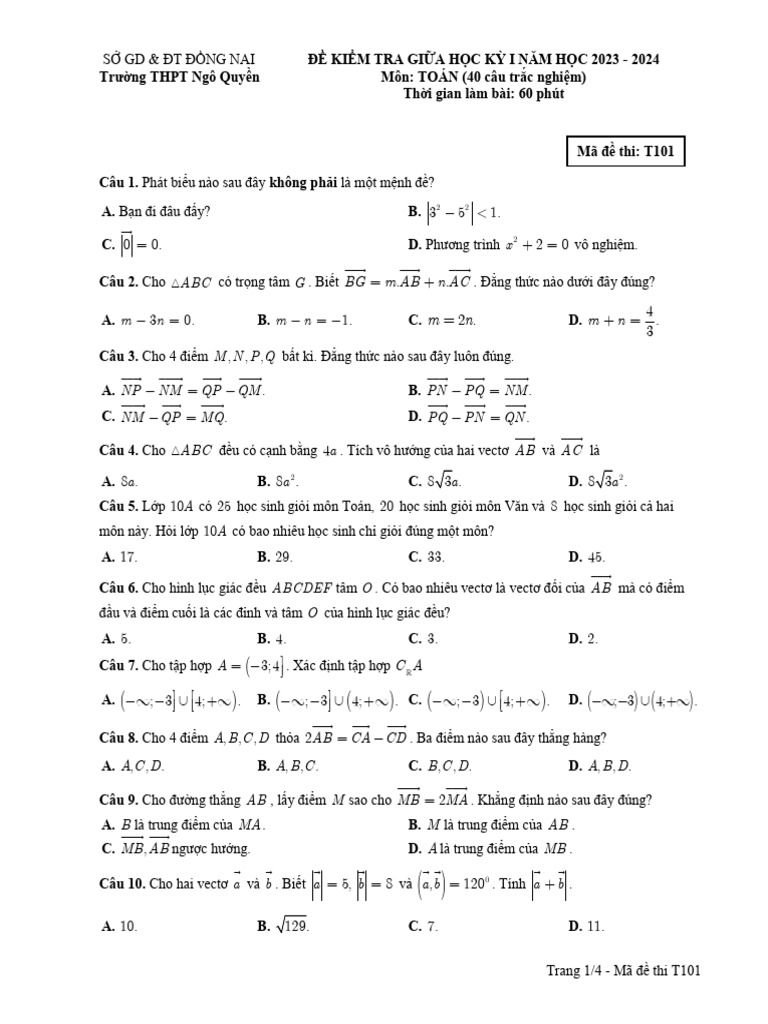 De Giua Hoc Ky 1 Toan 10 Nam 2023 2024 Truong THPT Ngo Quyen Dong Nai | PDF