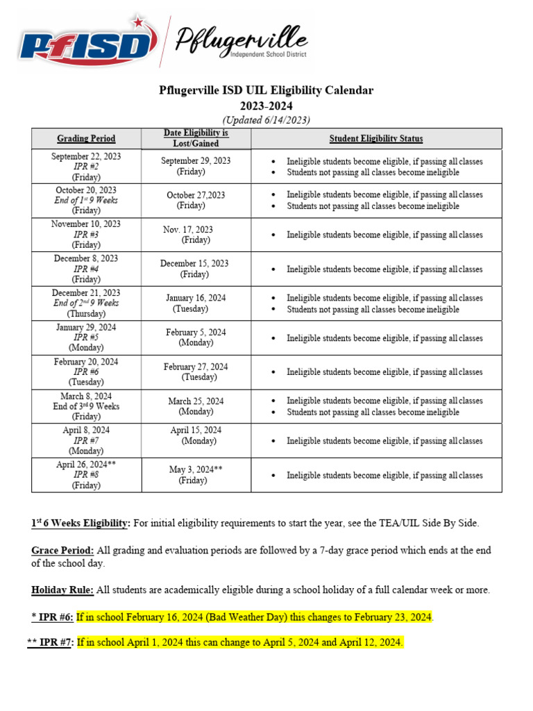 Pfisd Uil Eligibility Calendar | PDF