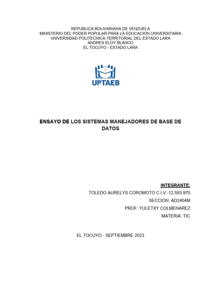 Ensayo de Los Sistemas Manejadores de Base de Datos | PDF | Bases de ... Ensayo de Los Sistemas Manejadores de Base de Datos | PDF | Bases de ...