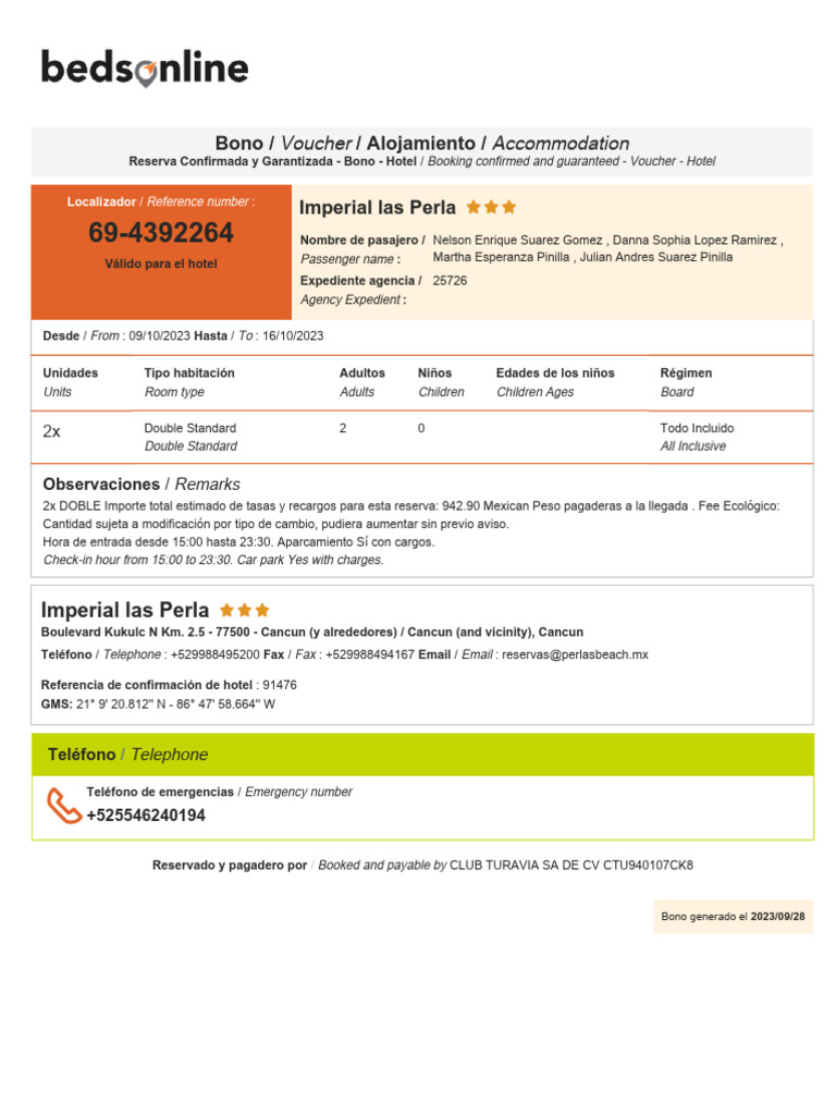 Reserva Confirmada - Hotel y Tour | PDF