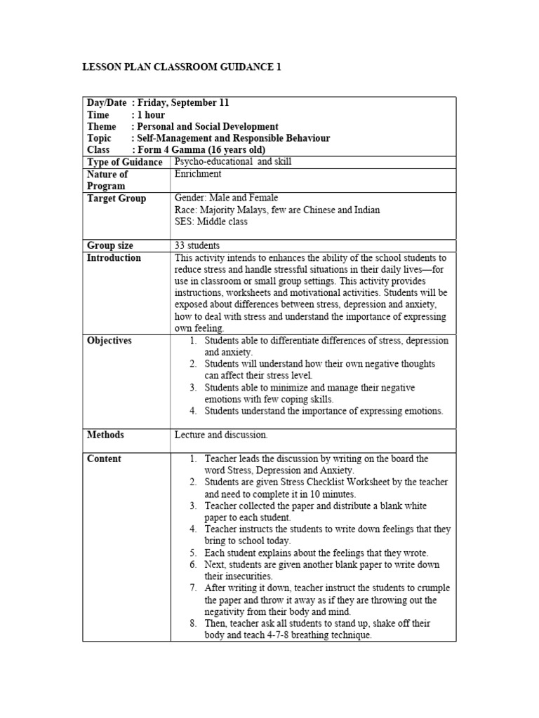 Example of Classroom Guidance Lesson Plan | PDF | Stress (Biology ...