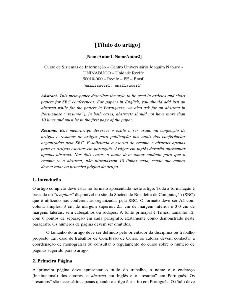 Modelo Artigo SBC Template Portugues | PDF | Abstract (resumo ...