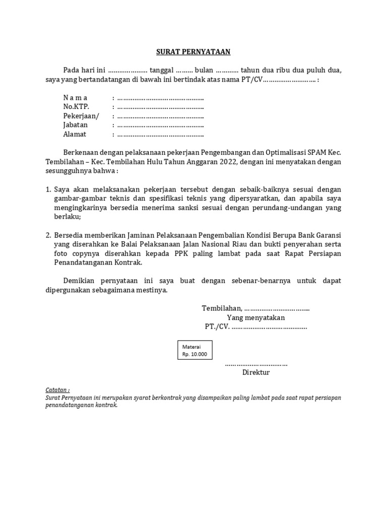 03.3.1 Surat Pernyataan Pemgemb Optimalisasi SPAM TA 2022 | PDF ...