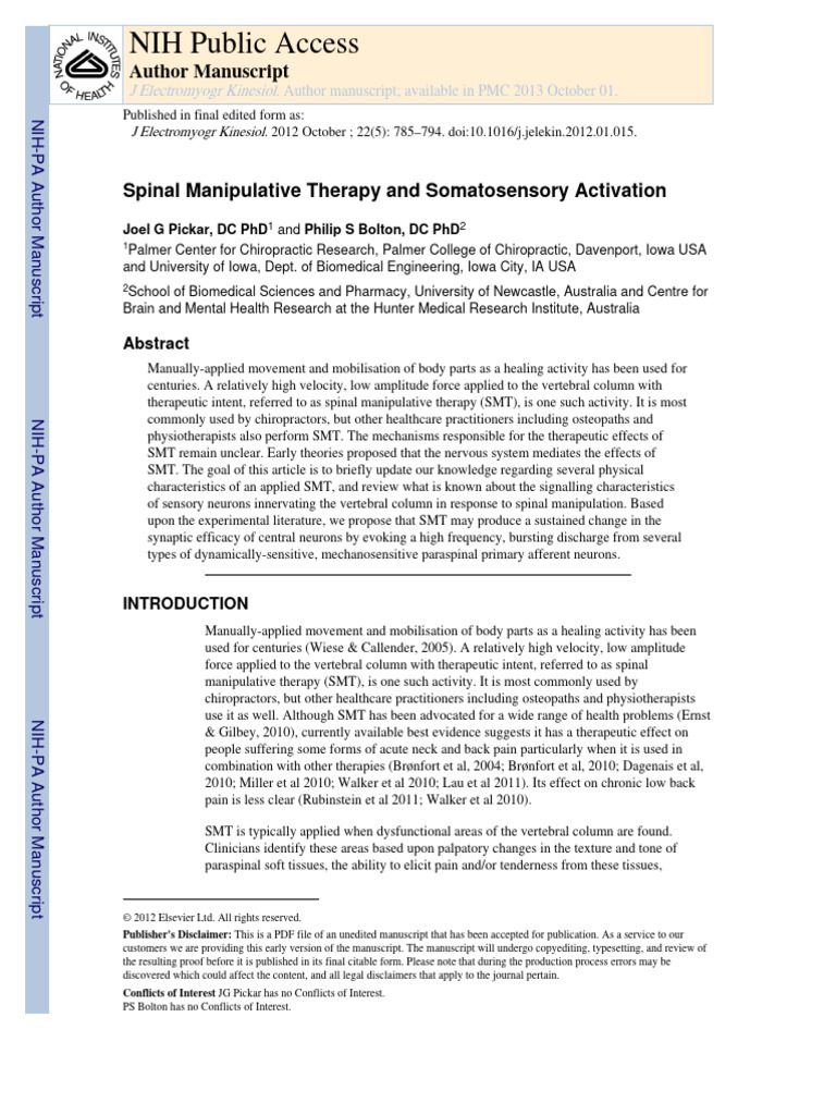 Spinal Manipulative Therapy and Somatosensory Activation | PDF ...