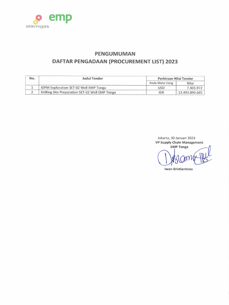 Pengumuman Procurement List 2023 - EMP Tonga | PDF
