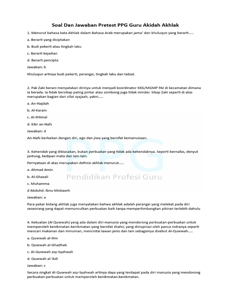 Soal Pretest PPG Akidah Akhlak 2024 | PDF