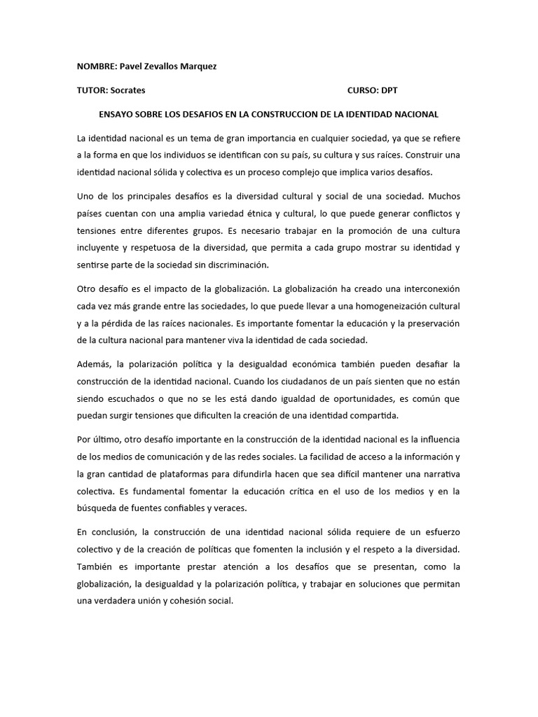 Ensayo Sobre Los Desafios en La Construccion de La Identidad Nacional ...