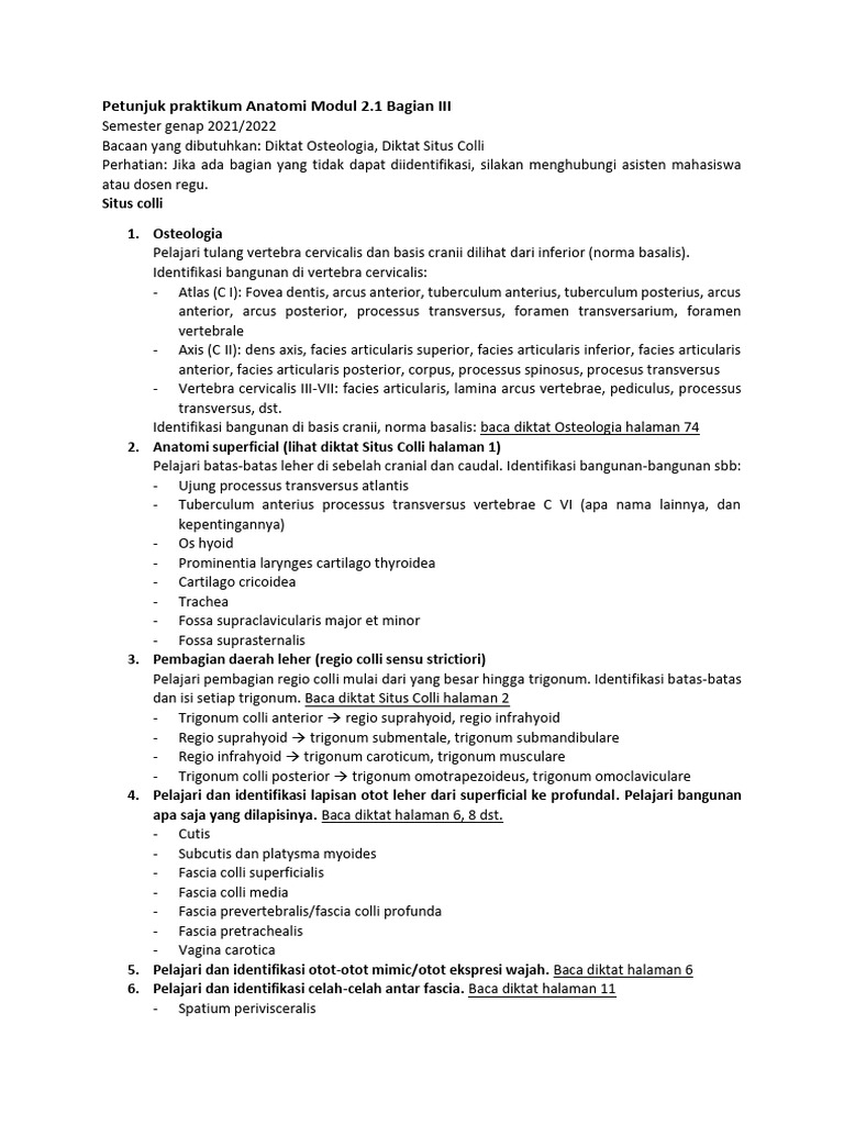 Petunjuk Praktikum Anatomi Situs Colli | PDF