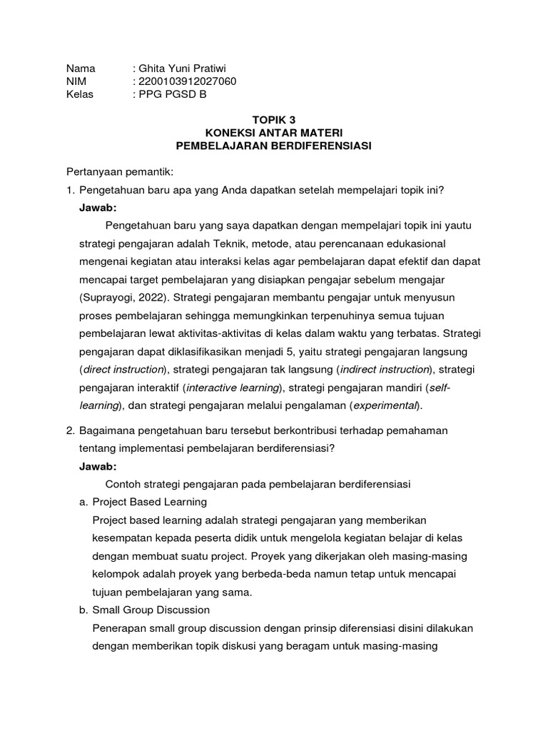 T3 - Koneksi Antar Materi - Pembelajaran Berdiferensiasi - Ghita Yuni Pratiwi | PDF