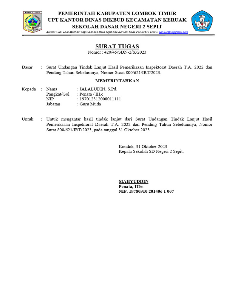 Surat Tugas dan SPD SDN 2 Sepit | PDF