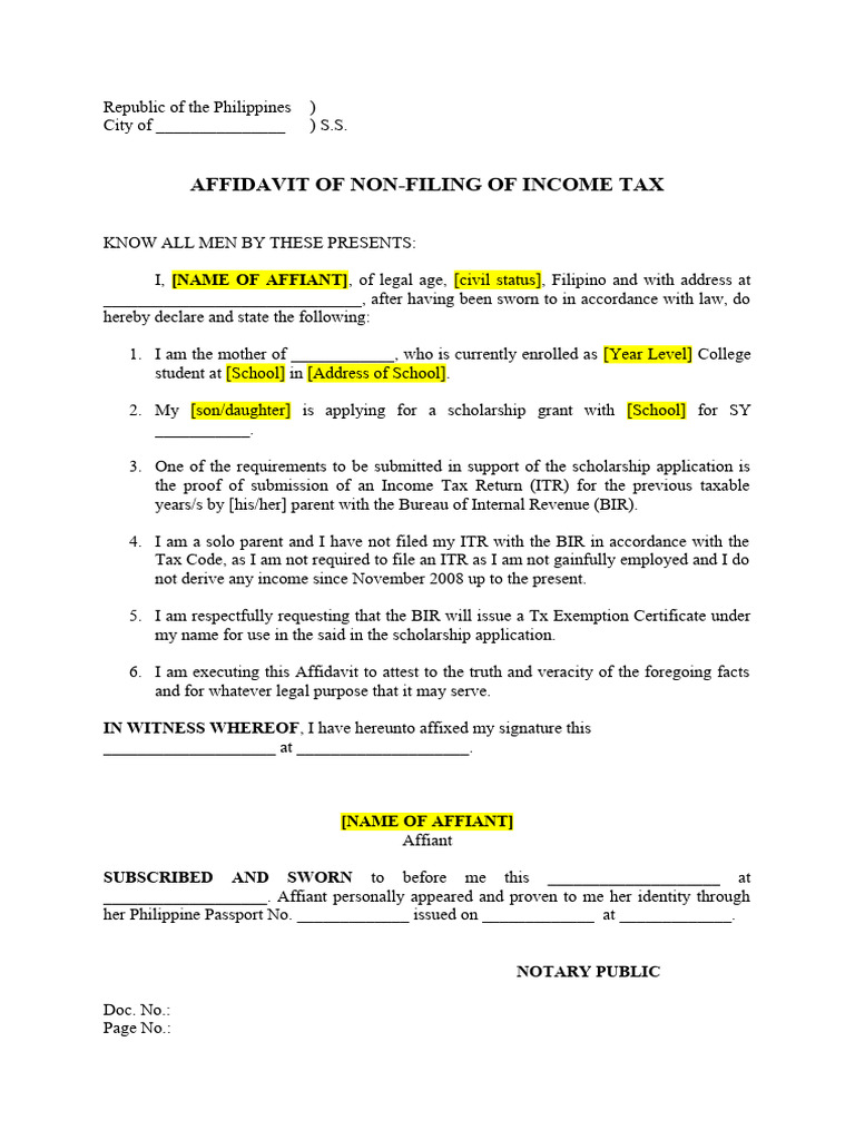Sample Affidavit of Non-Filing of ITR | PDF