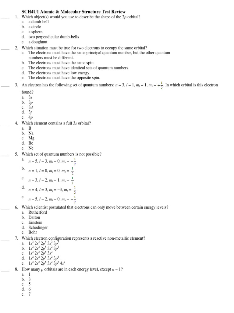 Atomic & Molecular Structure Review Test | PDF | Chemical Bond | Atomic ...