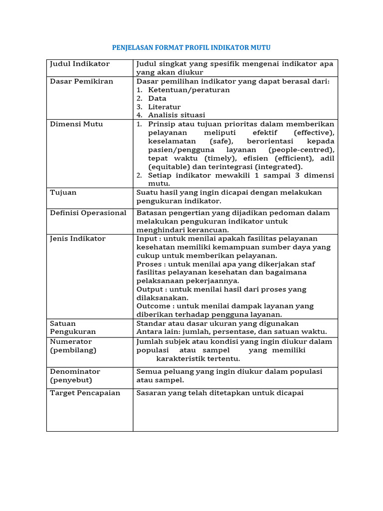 Penjelasan Format Profil Indikator Mutu | PDF