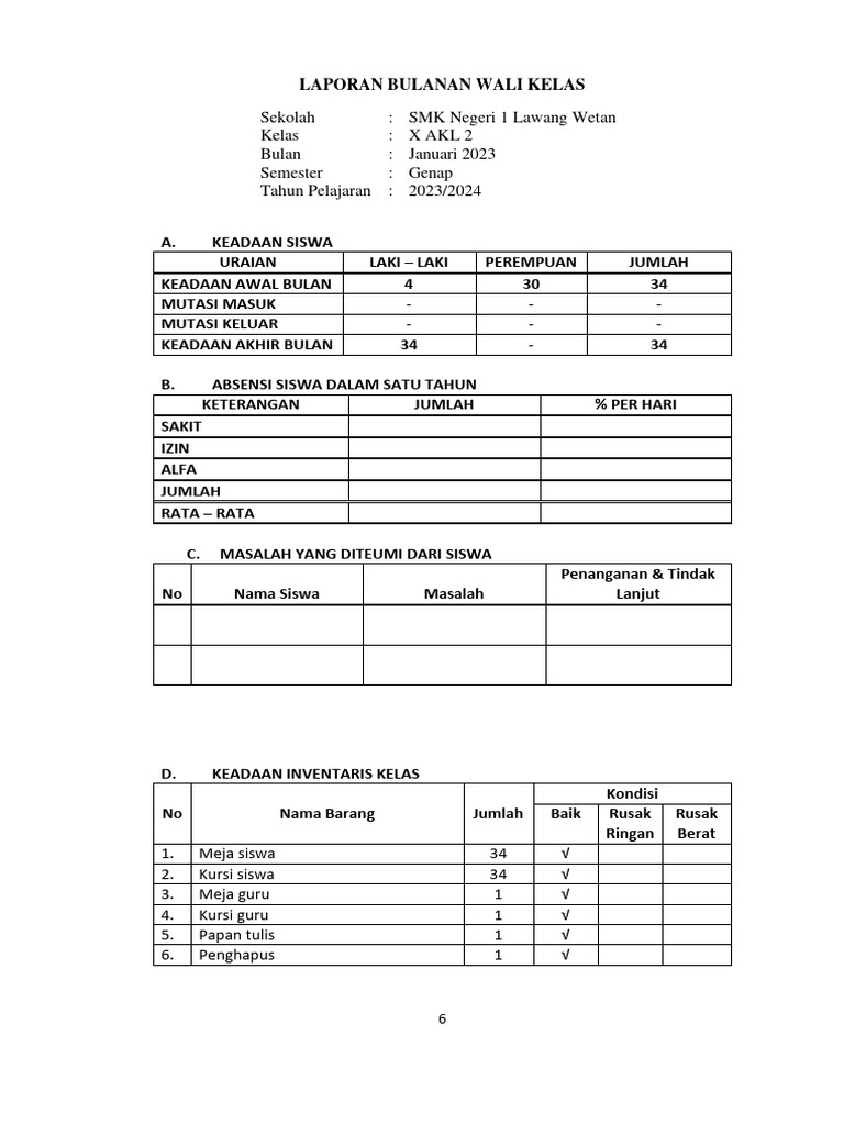 4.laporan Bulanan Wali Kelas | PDF