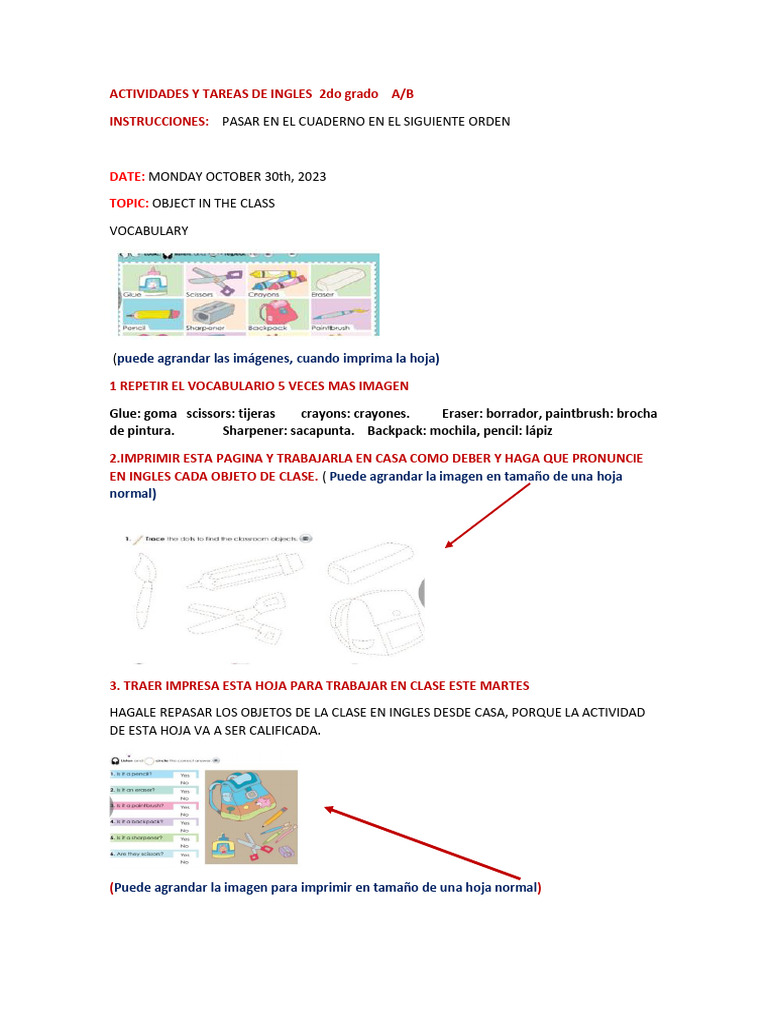 ACTIVIDADES Y TAREAS DE INGLES 2do Grado Lunes 30 | PDF