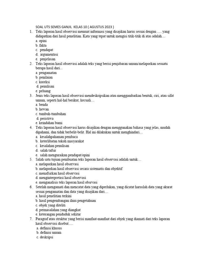 Soal Uts B.indo Ganjil Kls X | PDF | Kajian Bahasa Asing | Fiksi Umum