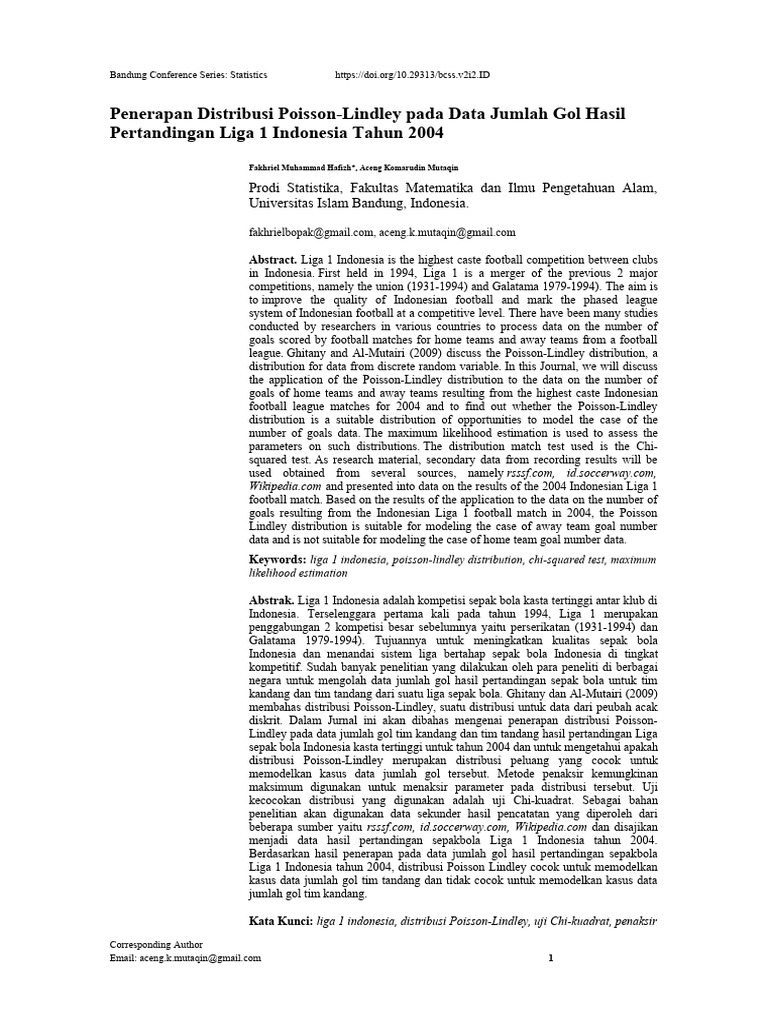 Penerapan Distribusi Poisson-Lindley Pada Data Jumlah Gol Hasil ...