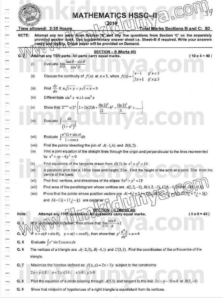Past Paper 2019 Federal Board HSSC Inter Part II Mathematics Subjective ...