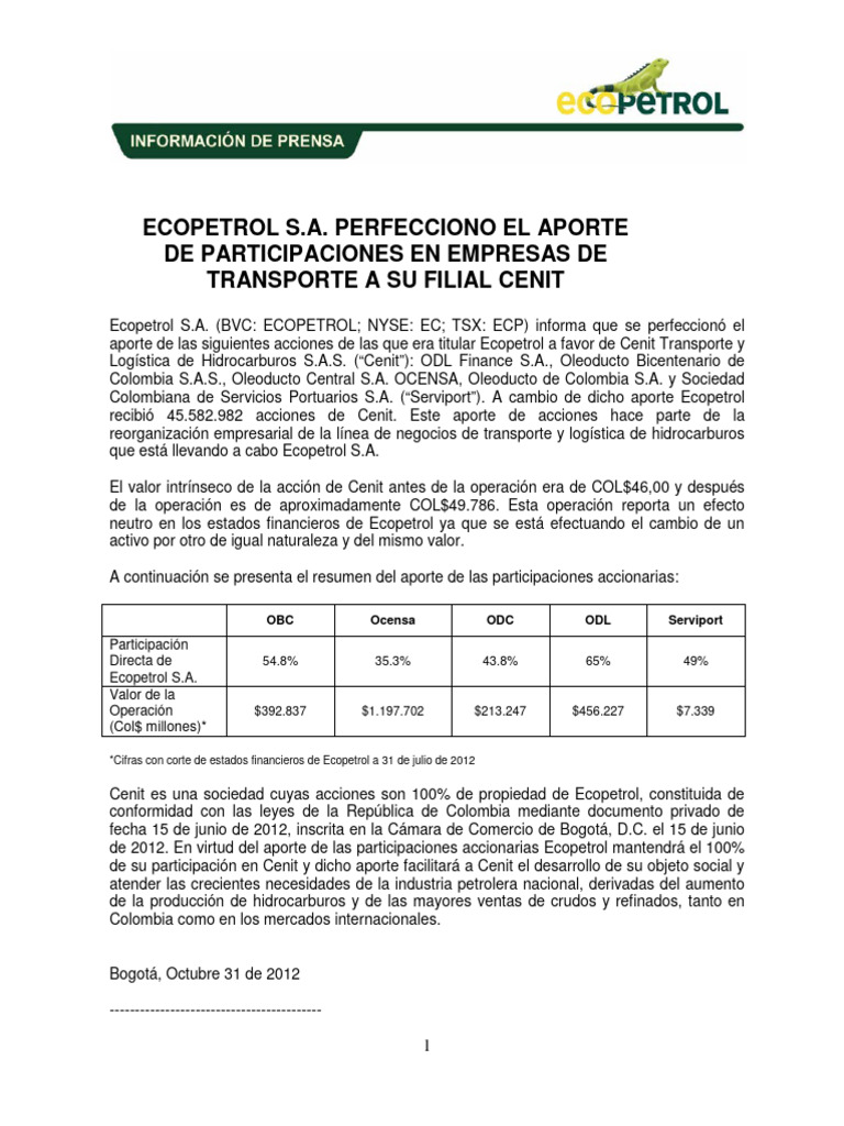 Ecopetrol Perfeccionó El Aporte de Participaciones en Empresas de Transporte A Su Filial Cenit ...