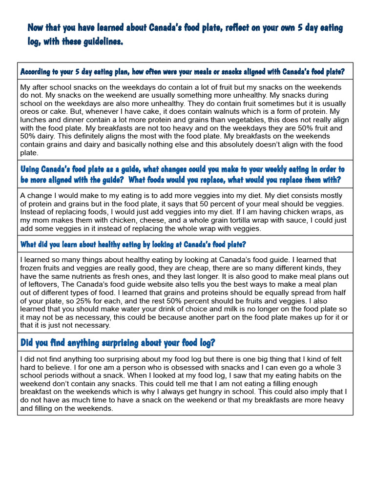Reflection On 5 Day Eating Log | PDF | Meal | Cooking