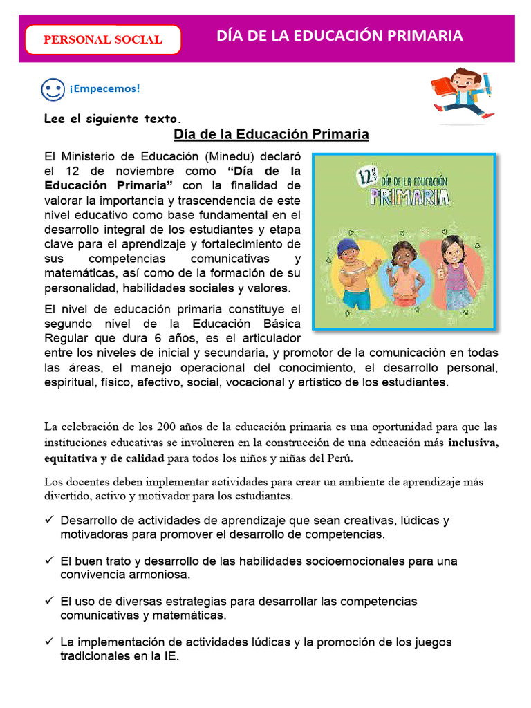 Ficha Ps. Día de La Educación Primaria | PDF | Educación primaria | Modificación de comportamiento
