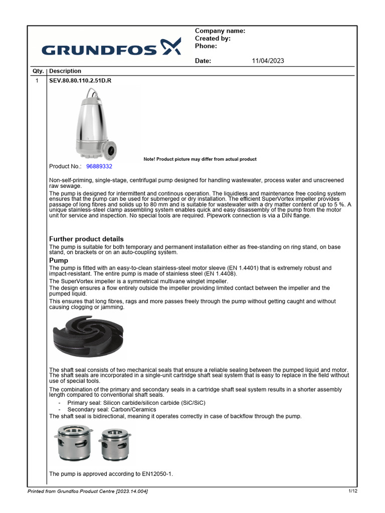 Data Sheet Pump Grundfos SEV | PDF | Pump | Electric Motor