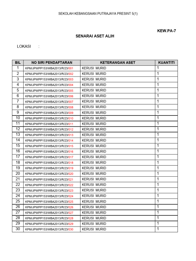 KEW - PA-7 (Senarai Aset Alih) | PDF