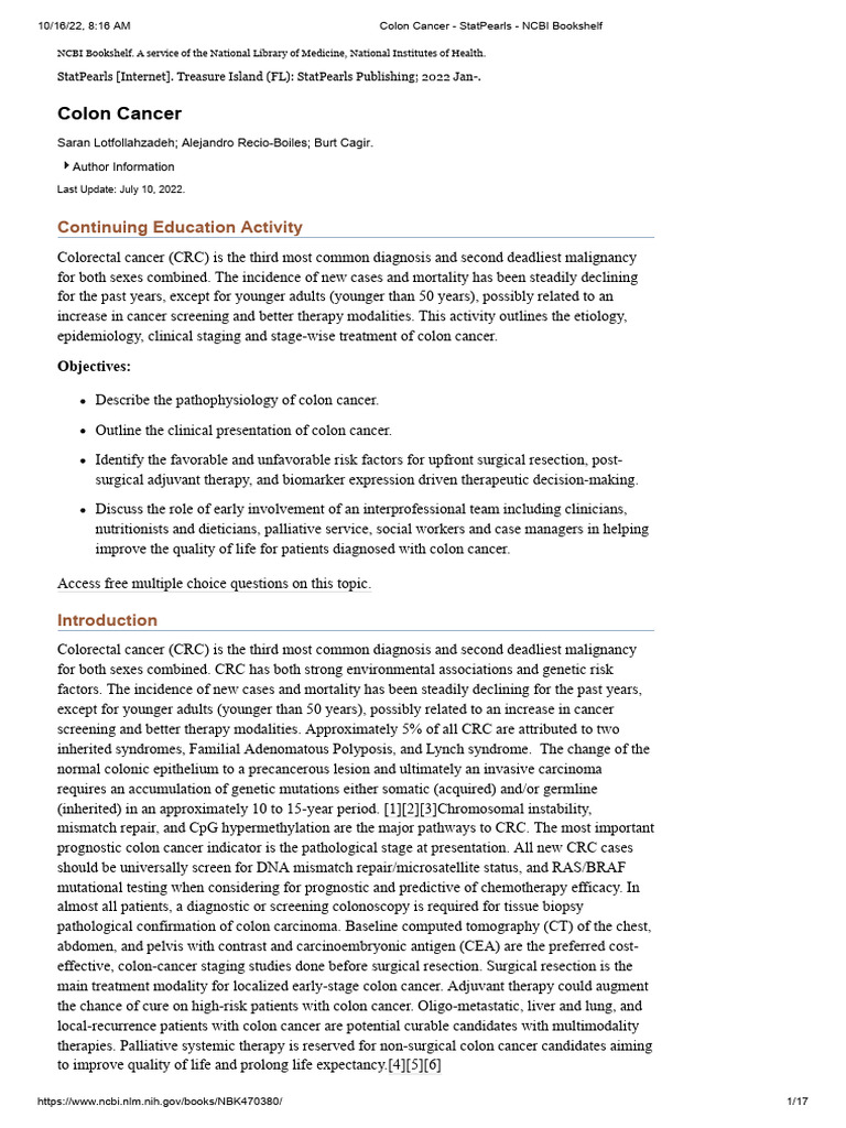 Colon Cancer - StatPearls - NCBI Bookshelf | PDF | Colorectal Cancer ...