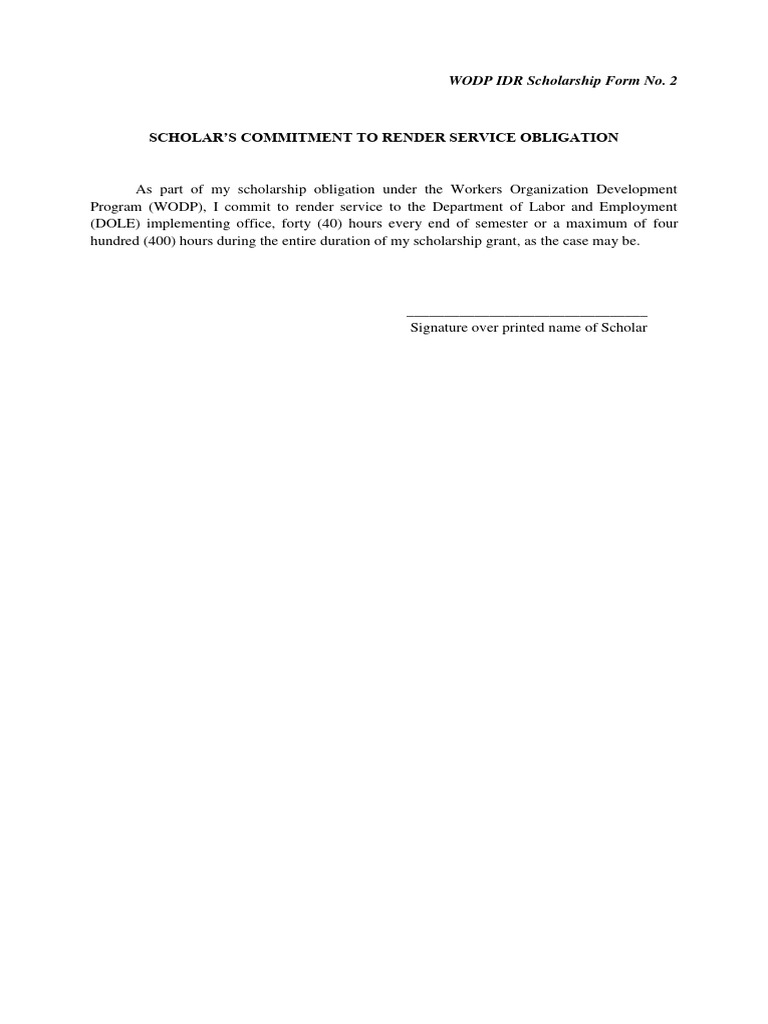 WODP IDR Scholarship Form No. 2 Scholars Commitment To Render Service ...