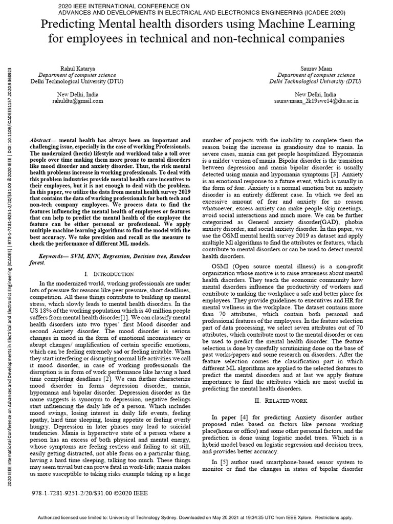 Predicting Mental Health Disorders Using Machine Learning | PDF | Machine Learning | Support ...
