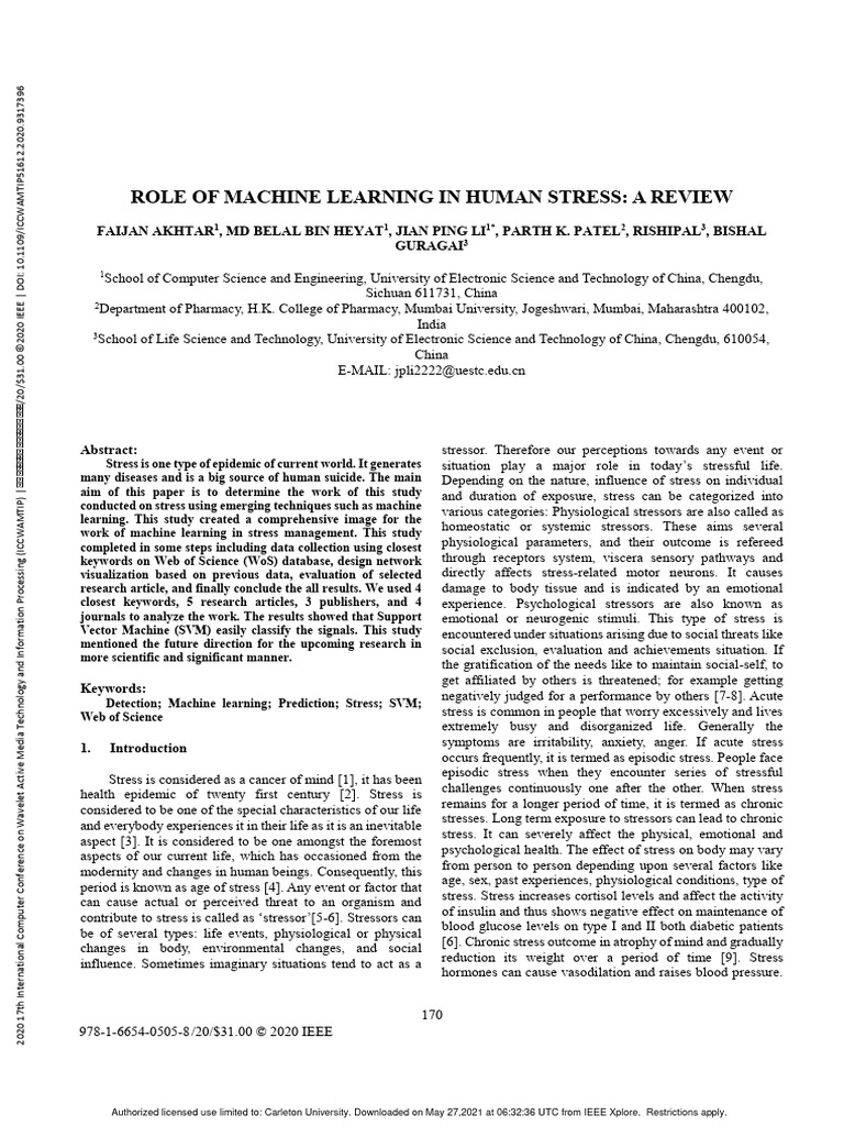 Role of Machine Learning in Human Stress A Review | PDF | Stress ...