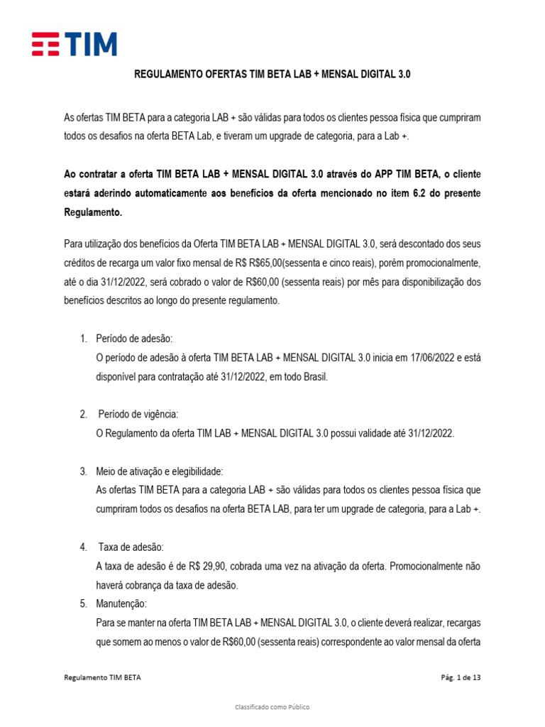 Regulamento Ofertas Tim Beta Lab Mais Mensal Digital 24.11.2021 | PDF ...