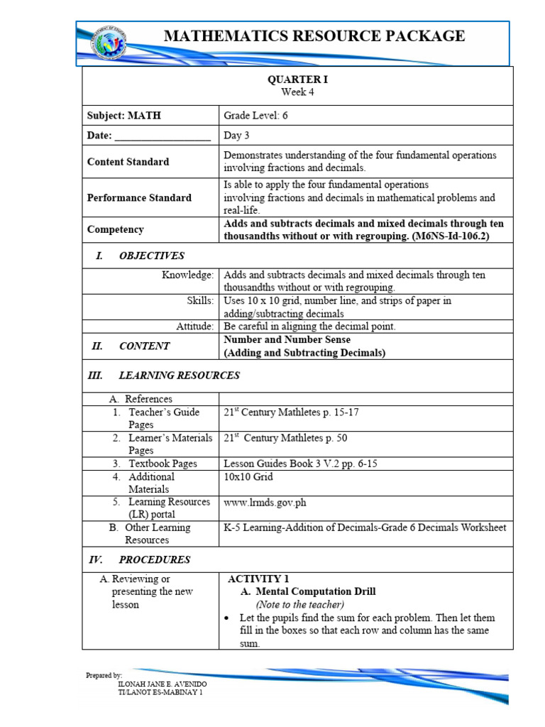 MATH6 Q1 Week4 Day3 | PDF | Subtraction | Mathematics