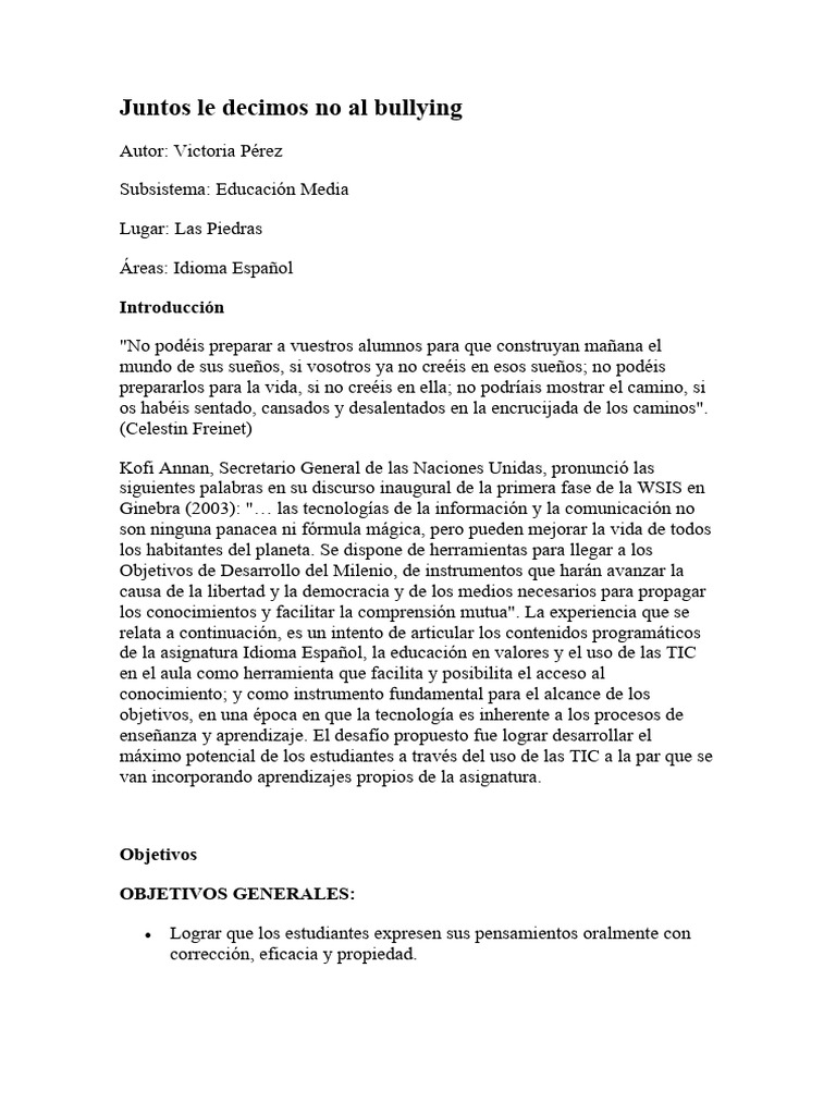 Juntos Le Decimos No Al Bullying | Descargar gratis PDF | Enseñando ...