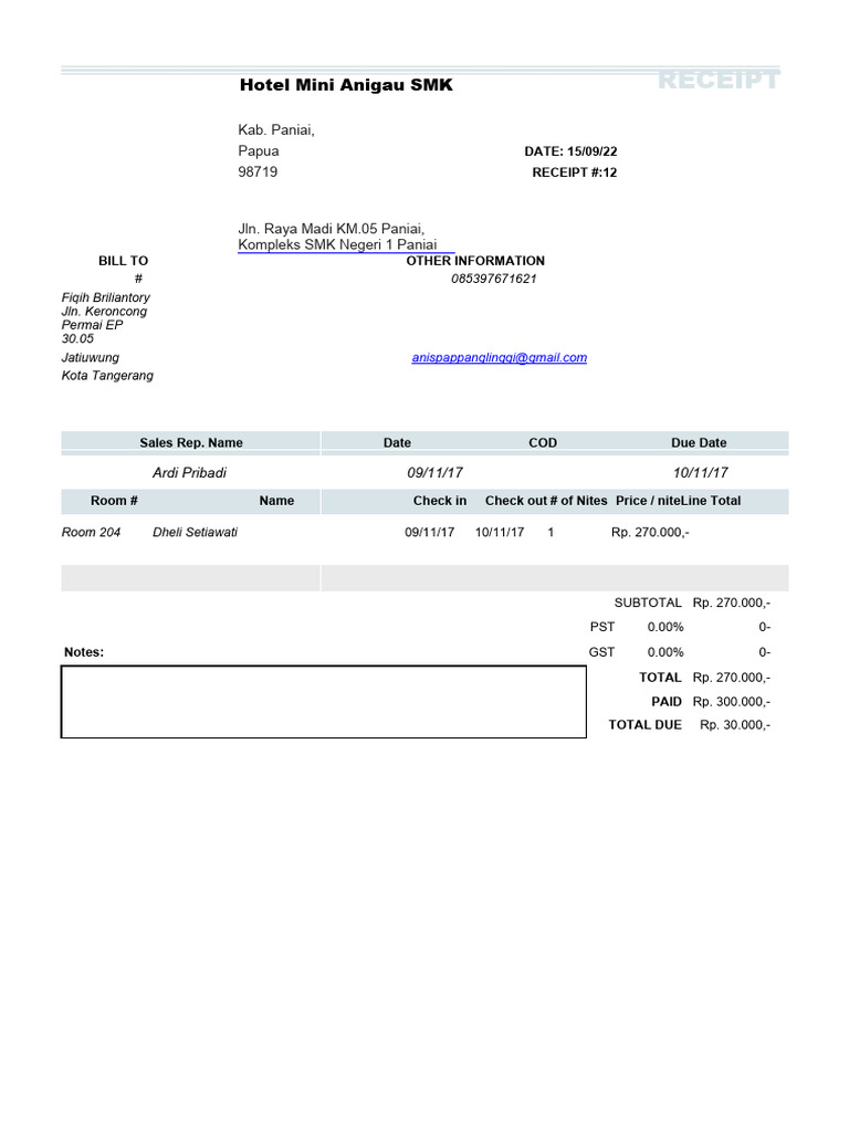 1 Contoh Bill Hotel Secara Umum | PDF