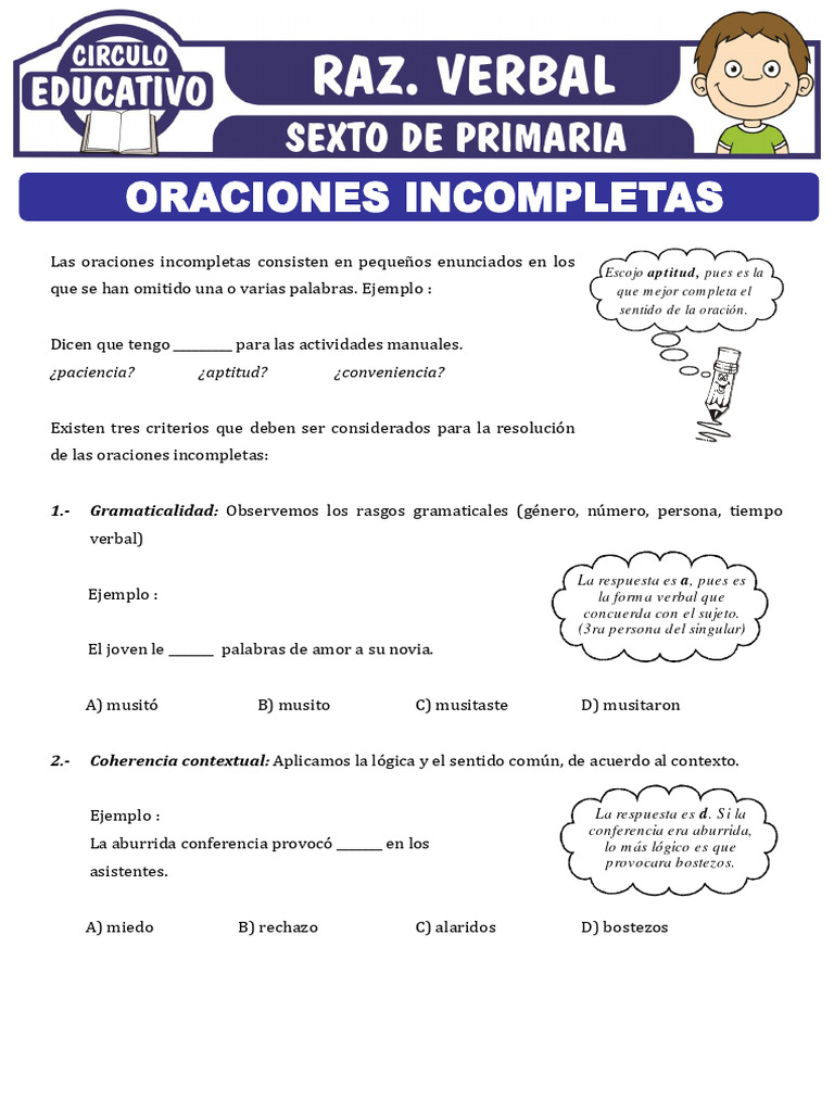 Oraciones Incompletas para Primaria | PDF | Verbo